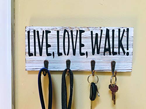 Preferred Crafts Rustic Wood Key and Dog Leash Holder Wall Mounted White Grey with 4 Hooks