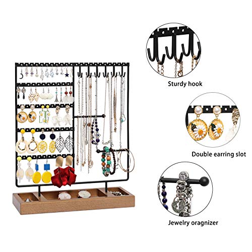 X-cosrack Earring Holder,5-Tier Ear Stud Holder with Wooden Tray,Jewelry Organizer Holder for Earrings Necklaces Bracelets Watches and Rings,Earring Display Stand with 132 Holes,Black