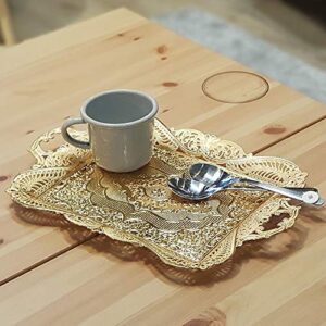 Gold Decorative Turkish Ottoman Tea Coffee Serving Tray with Handles Rectangle for Bar Outdoor Dresser Cups Moroccan Kitchen Perfume Table Party Wedding Vanity Bathroom Counter Candle