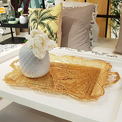 Gold Decorative Turkish Ottoman Tea Coffee Serving Tray with Handles Rectangle for Bar Outdoor Dresser Cups Moroccan Kitchen Perfume Table Party Wedding Vanity Bathroom Counter Candle