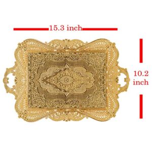 Gold Decorative Turkish Ottoman Tea Coffee Serving Tray with Handles Rectangle for Bar Outdoor Dresser Cups Moroccan Kitchen Perfume Table Party Wedding Vanity Bathroom Counter Candle