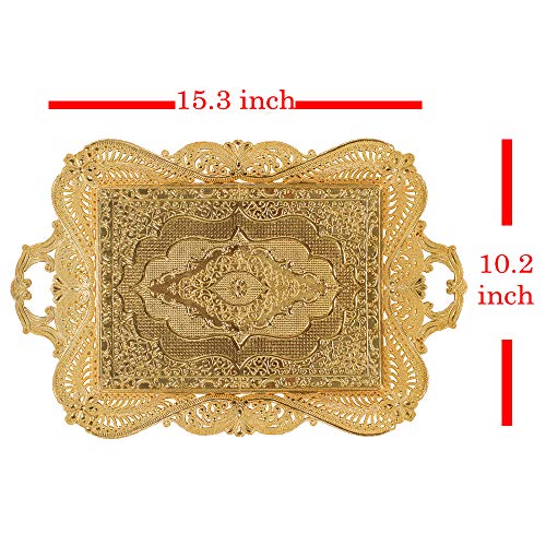 Gold Decorative Turkish Ottoman Tea Coffee Serving Tray with Handles Rectangle for Bar Outdoor Dresser Cups Moroccan Kitchen Perfume Table Party Wedding Vanity Bathroom Counter Candle