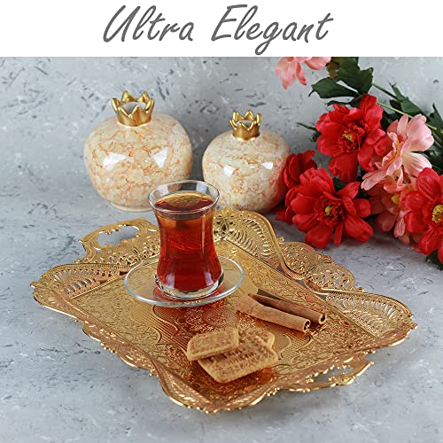 Gold Decorative Turkish Ottoman Tea Coffee Serving Tray with Handles Rectangle for Bar Outdoor Dresser Cups Moroccan Kitchen Perfume Table Party Wedding Vanity Bathroom Counter Candle