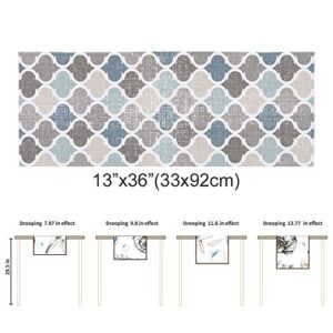 Moroccan Table Runner-Cotton Linen-Small 36 inche Geometric Quatrefoil Lattice Dresser Scarves,Kitchen Coffee/Dining Farmhouse Tablerunner for Home Living Room,Holiday Dinner Scarf Décor,Blue Grey