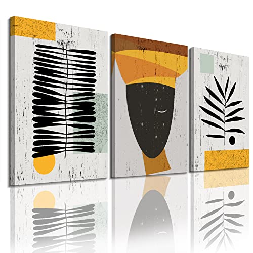 Framed Canvas Wall Art African Ethno Motive Wall Art Set, Abstract Ethno Art, African American Woman Portrait, Black Orange Print, Contemporary Collage, Minimalist (A-3pcs,12x16inchx3pcs)