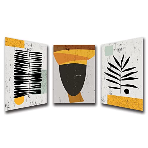 Framed Canvas Wall Art African Ethno Motive Wall Art Set, Abstract Ethno Art, African American Woman Portrait, Black Orange Print, Contemporary Collage, Minimalist (A-3pcs,12x16inchx3pcs)