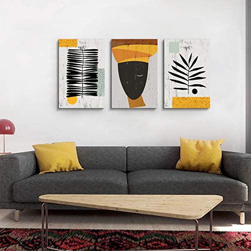 Framed Canvas Wall Art African Ethno Motive Wall Art Set, Abstract Ethno Art, African American Woman Portrait, Black Orange Print, Contemporary Collage, Minimalist (A-3pcs,12x16inchx3pcs)