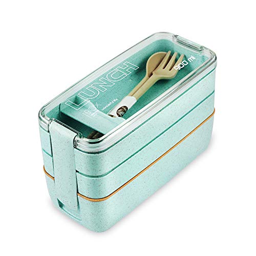 Bento Box Lunch Box, Iteryn 3-In-1 Compartment Containers - Wheat Straw, Leakproof Eco-Friendly Stackable Bento Lunch Box Meal Prep