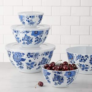 Amazon Basics Nesting Melamine Mixing Bowl with Lid and Non-Slip Base, 5 Sizes, Blue and White Floral - Set of 10, 4 quarts