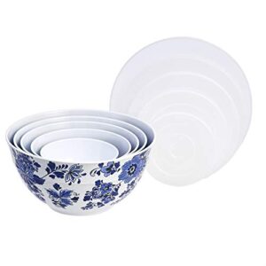 Amazon Basics Nesting Melamine Mixing Bowl with Lid and Non-Slip Base, 5 Sizes, Blue and White Floral - Set of 10, 4 quarts