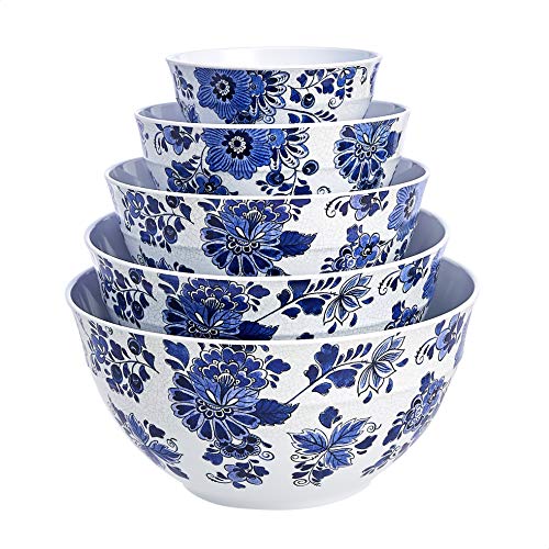 Amazon Basics Nesting Melamine Mixing Bowl with Lid and Non-Slip Base, 5 Sizes, Blue and White Floral - Set of 10, 4 quarts