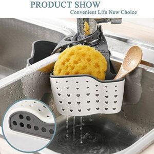 Sink Caddy Sponge Holder for Sink, Double Hanging Ajustable Strap, Silicone Sponge Caddy with Drain Holes for Drying, Sink Sponge Soap Caddy over Faucet Keep Kitchen Organized, 2PCS,Beige