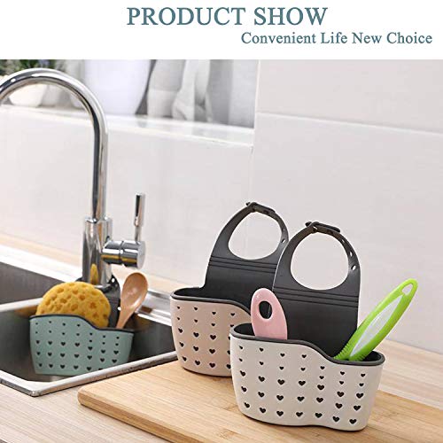 Sink Caddy Sponge Holder for Sink, Double Hanging Ajustable Strap, Silicone Sponge Caddy with Drain Holes for Drying, Sink Sponge Soap Caddy over Faucet Keep Kitchen Organized, 2PCS,Beige