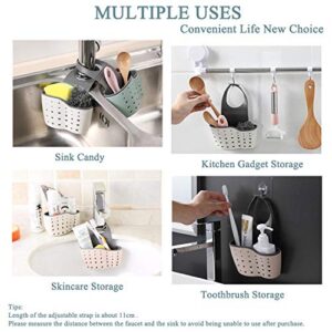 Sink Caddy Sponge Holder for Sink, Double Hanging Ajustable Strap, Silicone Sponge Caddy with Drain Holes for Drying, Sink Sponge Soap Caddy over Faucet Keep Kitchen Organized, 2PCS,Beige