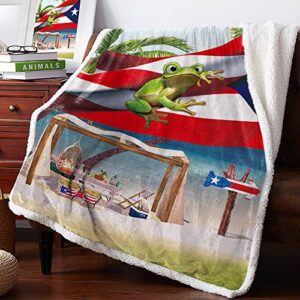 SUN-Shine Sherpa Fleece Throw Blanket Coastal Beach Time Home Decor Reversible Fuzzy Warm and Cozy Throws, Puerto Rico Flag and Frog Super Soft Plush Bed TV Blankets for Couch/Sofa/Travel