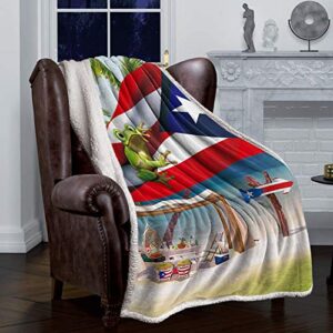 SUN-Shine Sherpa Fleece Throw Blanket Coastal Beach Time Home Decor Reversible Fuzzy Warm and Cozy Throws, Puerto Rico Flag and Frog Super Soft Plush Bed TV Blankets for Couch/Sofa/Travel