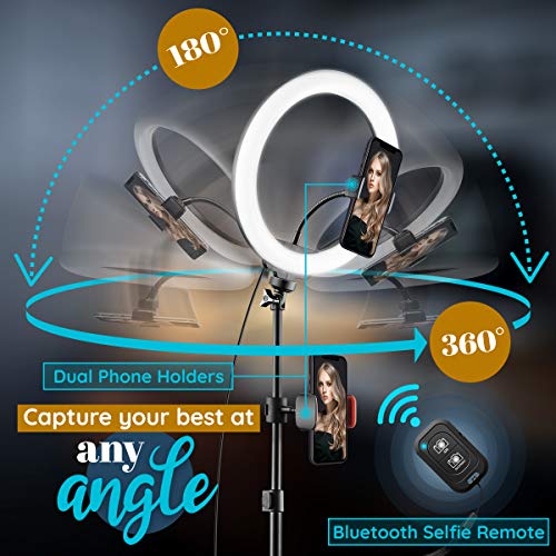 ﻿﻿GearLight Ring Light - 10" Selfie Tripod Stand with LED Lights, Dual Phone Holders, Adjustable Height and Lighting for Recording, Makeup & Photography - Cute ﻿Room Decor Stuff & Gifts For Teen Girls