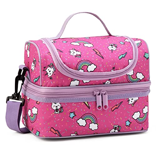 Kasqo Lunch Bag Box for Girls, Insulated Cooler Bag Kids Lunch Tote with Dual Compartments, Pink Kitty