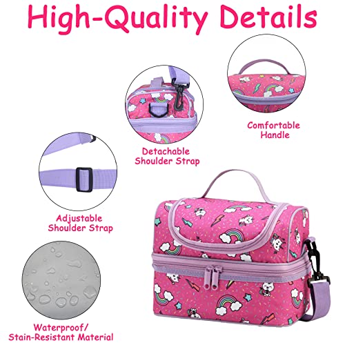 Kasqo Lunch Bag Box for Girls, Insulated Cooler Bag Kids Lunch Tote with Dual Compartments, Pink Kitty