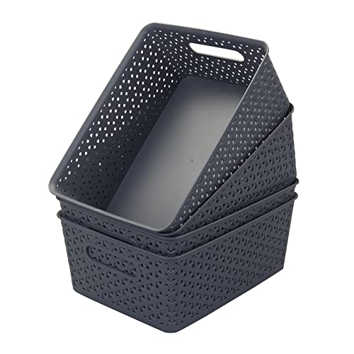 Hespama Grey Plastic Storage Baskets with Handles, 4 Packs