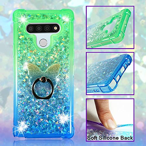 Zase Design Case for LG K51/LG Reflect Clear Case Liquid Glitter Sparkle Bling Protective Cover 3D Floating Butterflies Waterfall Quicksand Shockproof w/Phone Ring (Gradient Green Blue)