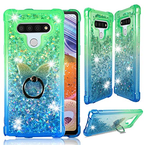 Zase Design Case for LG K51/LG Reflect Clear Case Liquid Glitter Sparkle Bling Protective Cover 3D Floating Butterflies Waterfall Quicksand Shockproof w/Phone Ring (Gradient Green Blue)