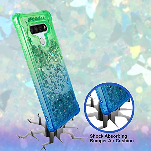 Zase Design Case for LG K51/LG Reflect Clear Case Liquid Glitter Sparkle Bling Protective Cover 3D Floating Butterflies Waterfall Quicksand Shockproof w/Phone Ring (Gradient Green Blue)