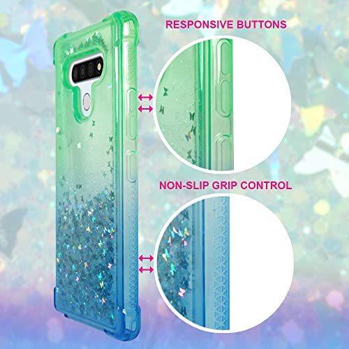 Zase Design Case for LG K51/LG Reflect Clear Case Liquid Glitter Sparkle Bling Protective Cover 3D Floating Butterflies Waterfall Quicksand Shockproof w/Phone Ring (Gradient Green Blue)