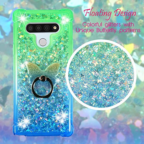 Zase Design Case for LG K51/LG Reflect Clear Case Liquid Glitter Sparkle Bling Protective Cover 3D Floating Butterflies Waterfall Quicksand Shockproof w/Phone Ring (Gradient Green Blue)