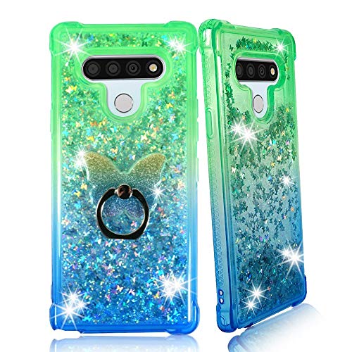 Zase Design Case for LG K51/LG Reflect Clear Case Liquid Glitter Sparkle Bling Protective Cover 3D Floating Butterflies Waterfall Quicksand Shockproof w/Phone Ring (Gradient Green Blue)