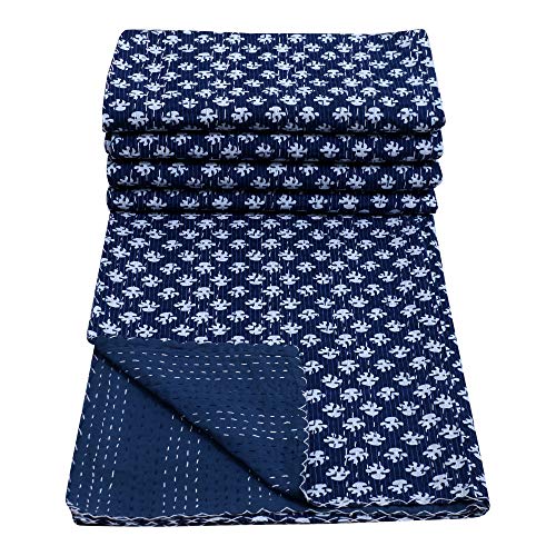 Maviss Homes Indian Traditional Handmade Patchwork Cotton Super Soft Kantha Quilt Blanket | Throw Bedspread Blanket | Bedroom Décor Throw Quilt |Home Décor; Blue