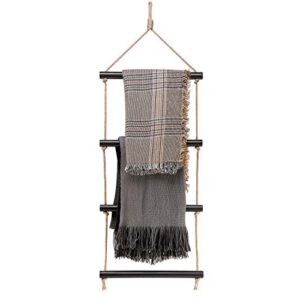 dahey blanket ladder scarf holder rack, bath towel rack bar storage ladder wood wall hanging living room scarf ladder rustic home decor ladder,black