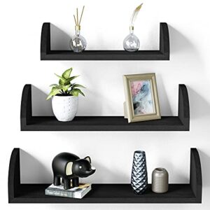 sriwatana floating shelves wall mounted, solid wood shelves wall bookshelves set of 3 for bedroom, living room, bathroom, kitchen - black