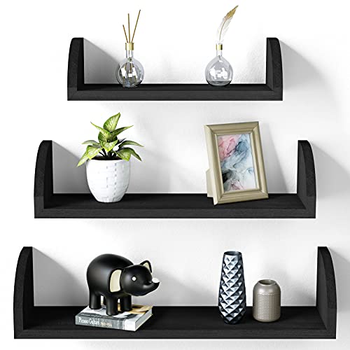 SRIWATANA Floating Shelves Wall Mounted, Solid Wood Shelves Wall Bookshelves Set of 3 for Bedroom, Living Room, Bathroom, Kitchen - Black