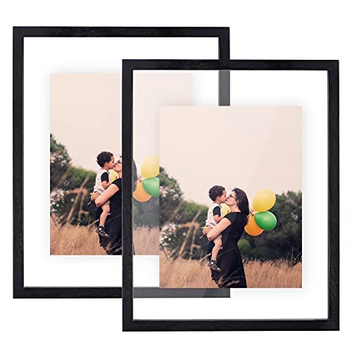 DLQuarts Floating Picture Frames, 11x14 Picture Frame, Floating Display for Photos 2x3, 3.5x5, 5x7, 8x10 or Full Display Without Mat for 11x14 Photos, 2 Pack, Weathered Black