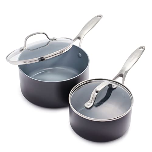 GreenPan Valencia Pro Hard Anodized Healthy Ceramic Nonstick 2QT and 3QT Saucepan Pot Set with Lids, PFAS-Free, Induction, Dishwasher Safe, Oven Safe, Gray