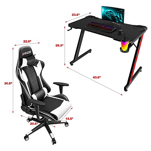 Homall Racing PU Leather Swivel Chair and 43.6 Inch Z Shaped Computer Desk Table Gaming Home Office Furniture Sets (White)