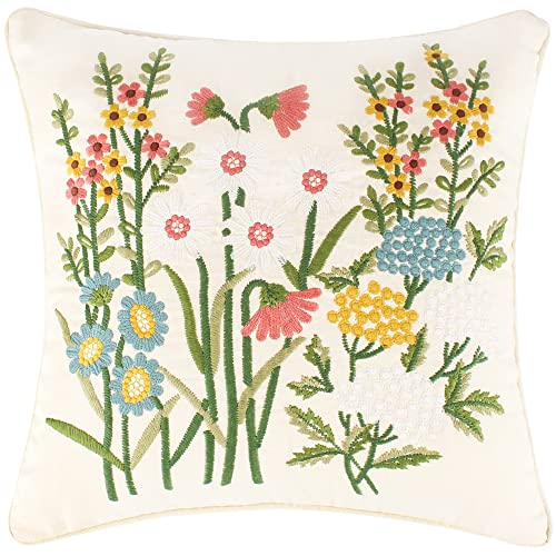 Levtex Home - Viviana - Decorative Pillow (18X18in.) - Embroidered Flowers - Coral, Green, Blue, Gold and Cream