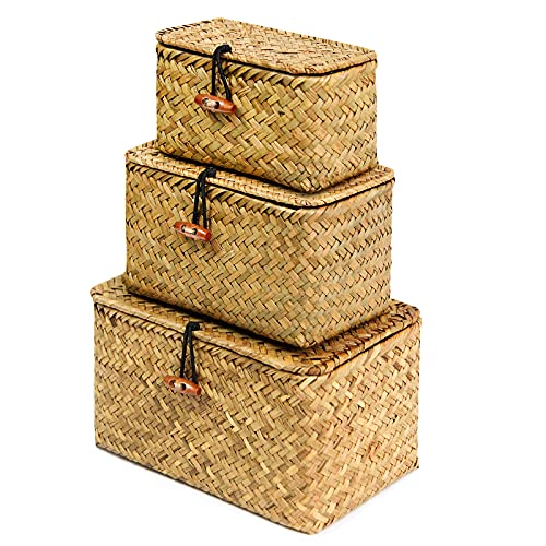 FEILANDUO Shelf Baskets with Lid Set of 3 Handwoven Seagrass Storage Box Wicker Basket Desktop Makeup Organizer Multipurpose Container (Original (S/M/L)