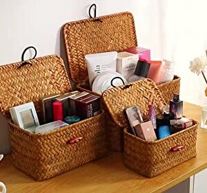 FEILANDUO Shelf Baskets with Lid Set of 3 Handwoven Seagrass Storage Box Wicker Basket Desktop Makeup Organizer Multipurpose Container (Original (S/M/L)