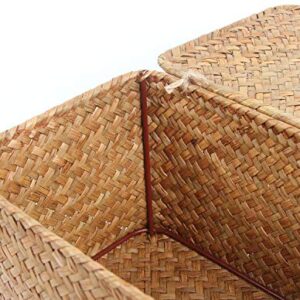 FEILANDUO Shelf Baskets with Lid Set of 3 Handwoven Seagrass Storage Box Wicker Basket Desktop Makeup Organizer Multipurpose Container (Original (S/M/L)