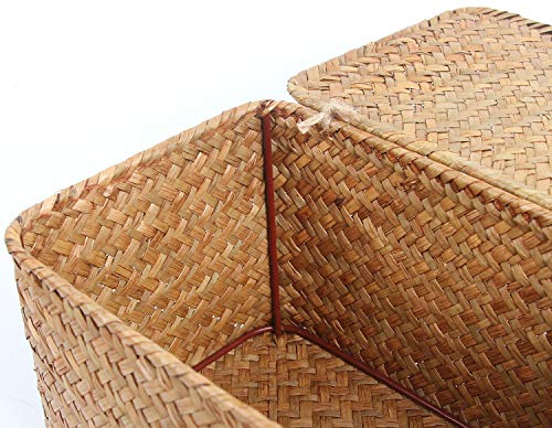 FEILANDUO Shelf Baskets with Lid Set of 3 Handwoven Seagrass Storage Box Wicker Basket Desktop Makeup Organizer Multipurpose Container (Original (S/M/L)