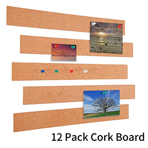 Cooraby 12 Pack Cork Strips 15 x 2 Inch Frameless Self-Adhesive Cork Board with 40 Pieces Cork Board Pins for Classroom Office