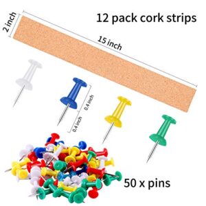 Cooraby 12 Pack Cork Strips 15 x 2 Inch Frameless Self-Adhesive Cork Board with 40 Pieces Cork Board Pins for Classroom Office