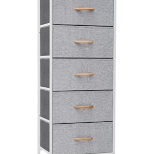 Crestlive Products Vertical Dresser Storage Tower - Sturdy Steel Frame, Wood Top, Easy Pull Fabric Bins, Wood Handles - Organizer Unit for Bedroom, Hallway, Entryway, Closets - 5 Drawers (Light Gray)