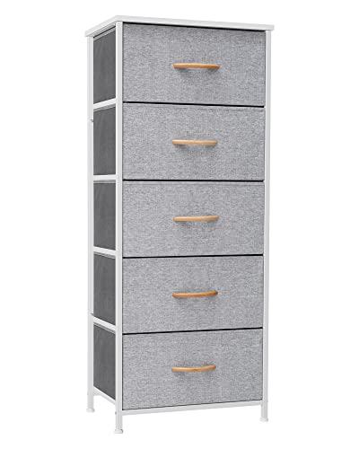 Crestlive Products Vertical Dresser Storage Tower - Sturdy Steel Frame, Wood Top, Easy Pull Fabric Bins, Wood Handles - Organizer Unit for Bedroom, Hallway, Entryway, Closets - 5 Drawers (Light Gray)