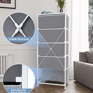 Crestlive Products Vertical Dresser Storage Tower - Sturdy Steel Frame, Wood Top, Easy Pull Fabric Bins, Wood Handles - Organizer Unit for Bedroom, Hallway, Entryway, Closets - 5 Drawers (Light Gray)