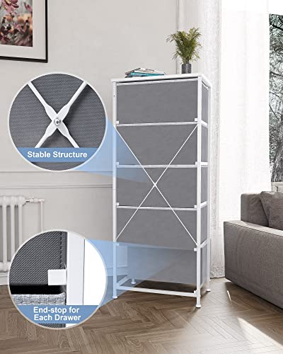 Crestlive Products Vertical Dresser Storage Tower - Sturdy Steel Frame, Wood Top, Easy Pull Fabric Bins, Wood Handles - Organizer Unit for Bedroom, Hallway, Entryway, Closets - 5 Drawers (Light Gray)