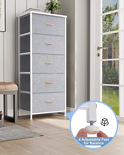 Crestlive Products Vertical Dresser Storage Tower - Sturdy Steel Frame, Wood Top, Easy Pull Fabric Bins, Wood Handles - Organizer Unit for Bedroom, Hallway, Entryway, Closets - 5 Drawers (Light Gray)