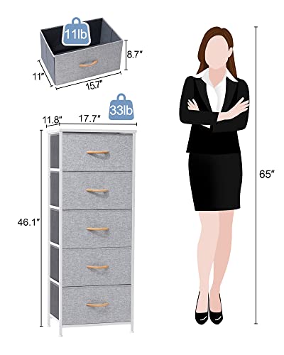 Crestlive Products Vertical Dresser Storage Tower - Sturdy Steel Frame, Wood Top, Easy Pull Fabric Bins, Wood Handles - Organizer Unit for Bedroom, Hallway, Entryway, Closets - 5 Drawers (Light Gray)